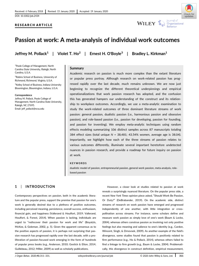 Passion at Work - A Meta Analysis of Individual Work Outcomes | PDF ...