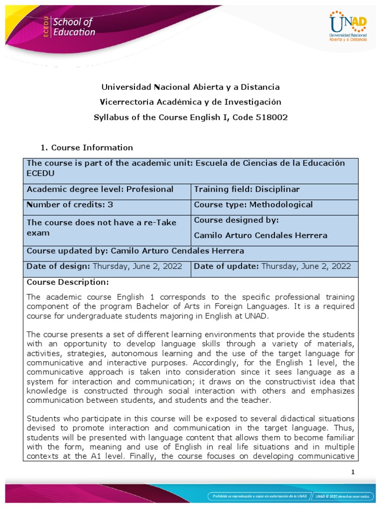 Syllabus Course English I | PDF | Learning | Cognition