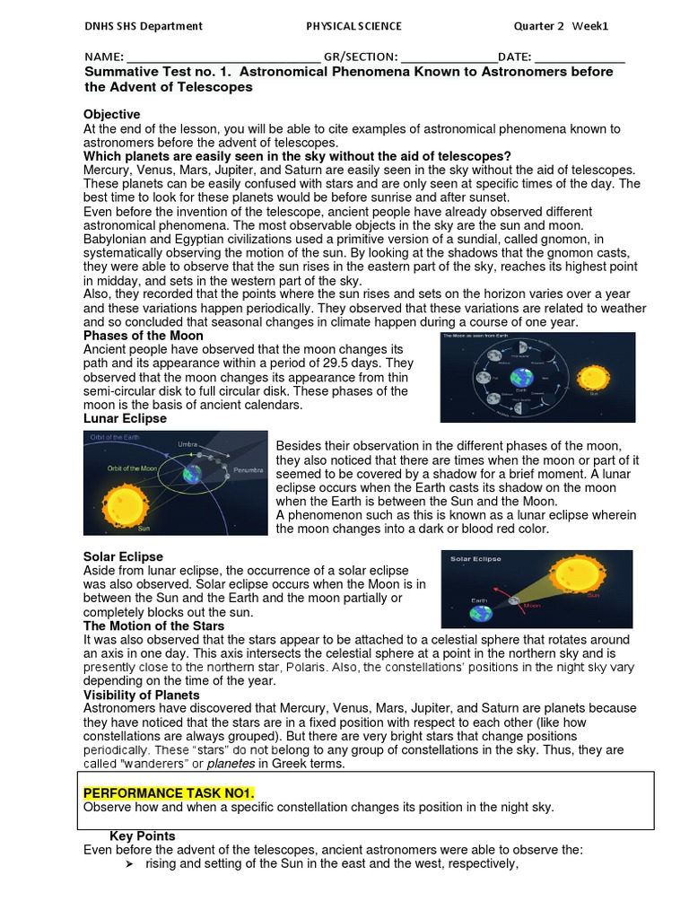 SUMMATIVE TEST NO 1 Astronomical Phenomena | PDF | Planets | Solar Eclipse