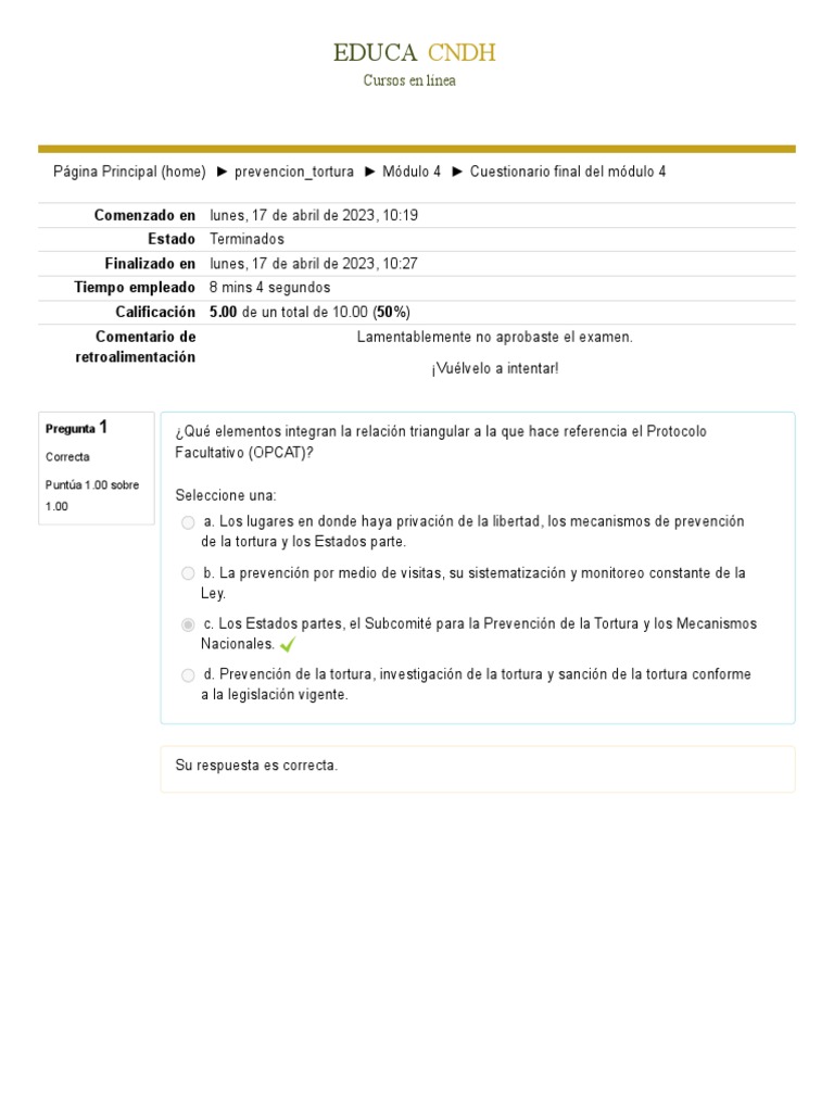 Cuestionario Final Del Módulo 4 Calificacion 5 | Descargar gratis PDF | Tortura | Convenio ...