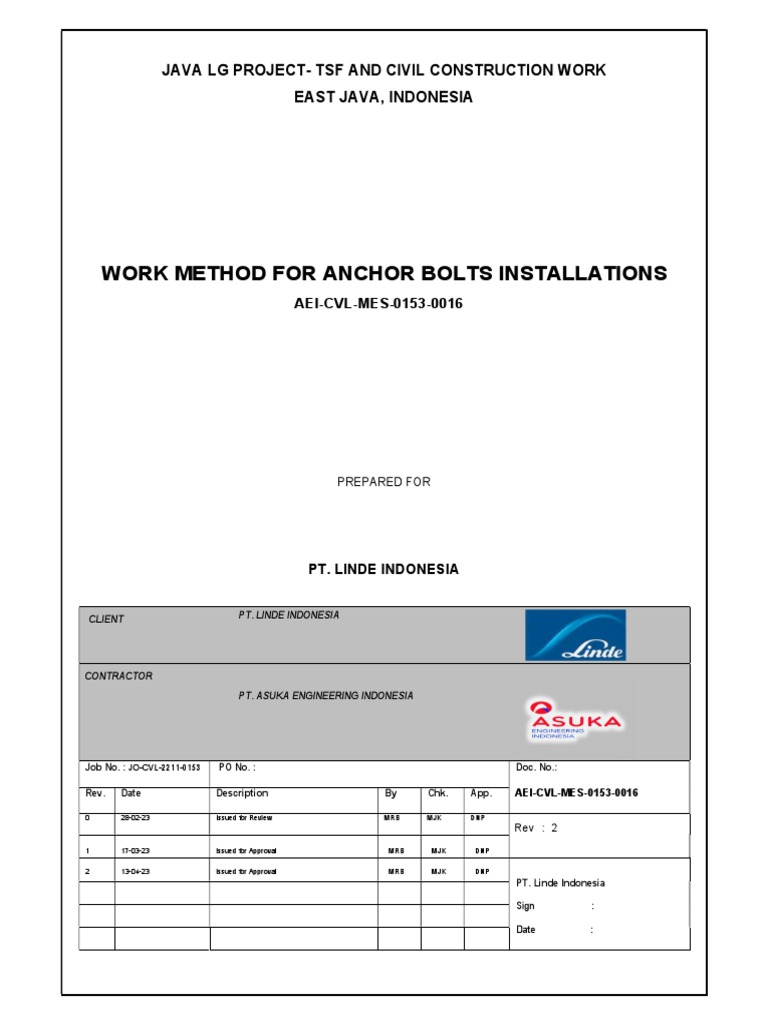 ASK - WO-22.2672-METHOD-SWC-003 - 1 Method Statement of Anchor Bolts Installation | PDF | Screw ...