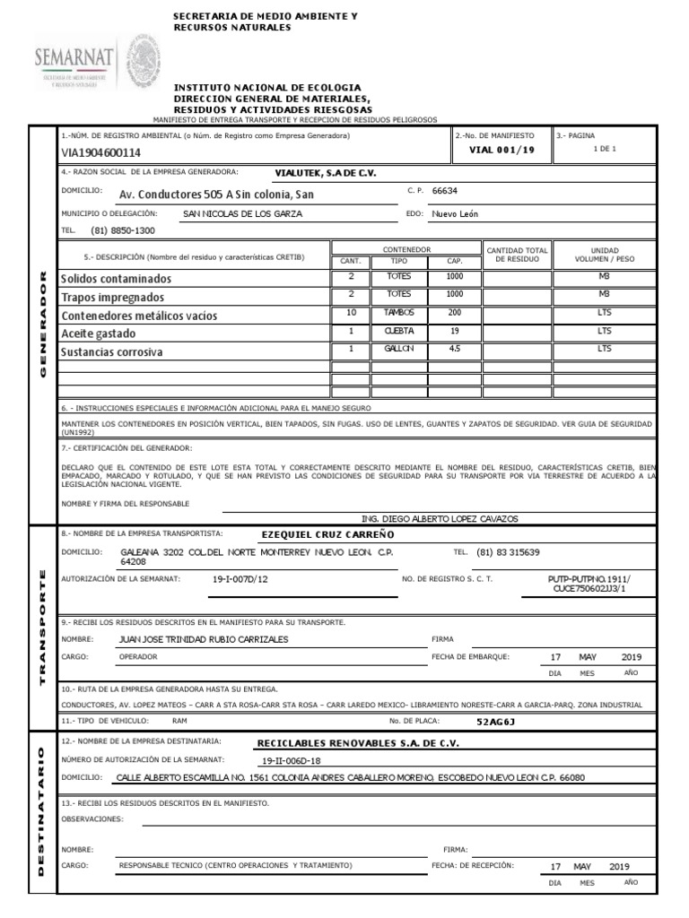 Manifiesto Vialutek 00119 Mayo 2019 | PDF