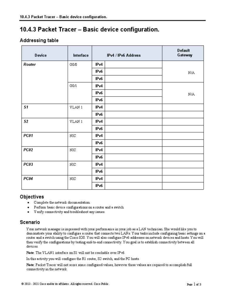 10.4.3 Packet Tracer - Basic Device Configuration | Download Free PDF | I Pv6 | Router (Computing)