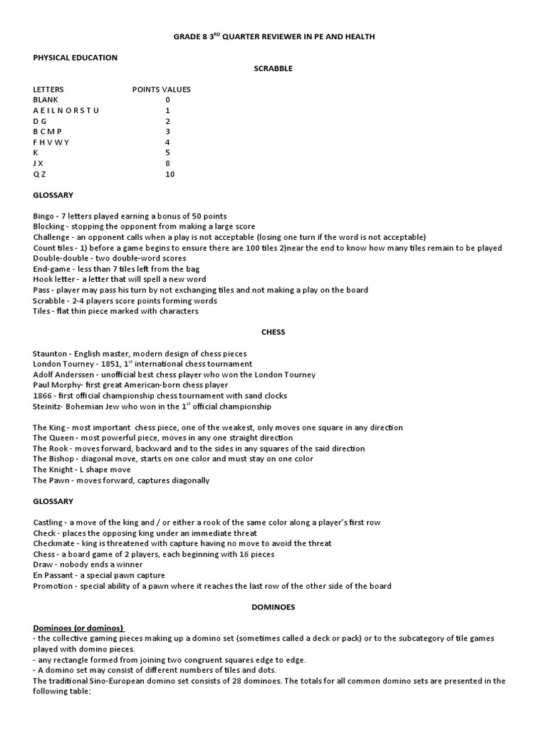 Grade 8 PE & Health Study Guide | PDF | Chess | Board Games