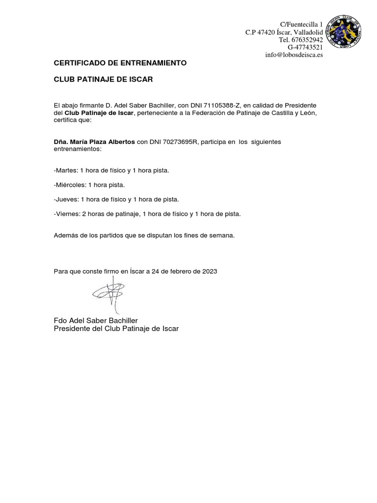Certificado de Entrenamiento Club Patinaje de Iscar | PDF