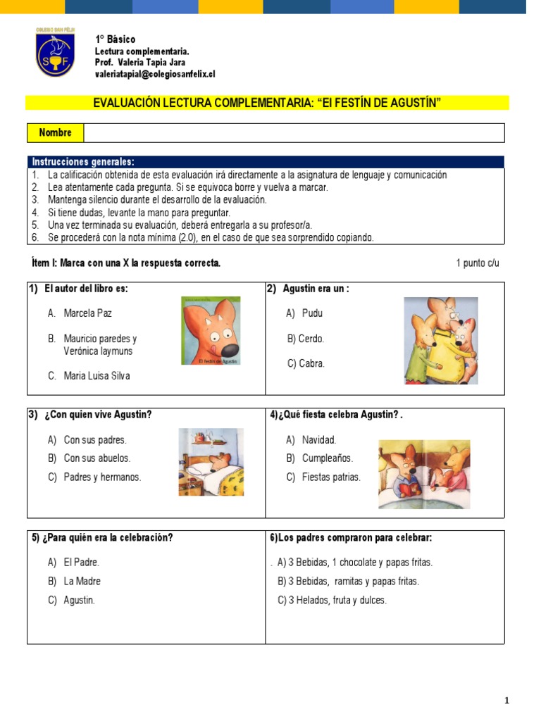 Prueba El Festin de Agustin 1°básico. | PDF