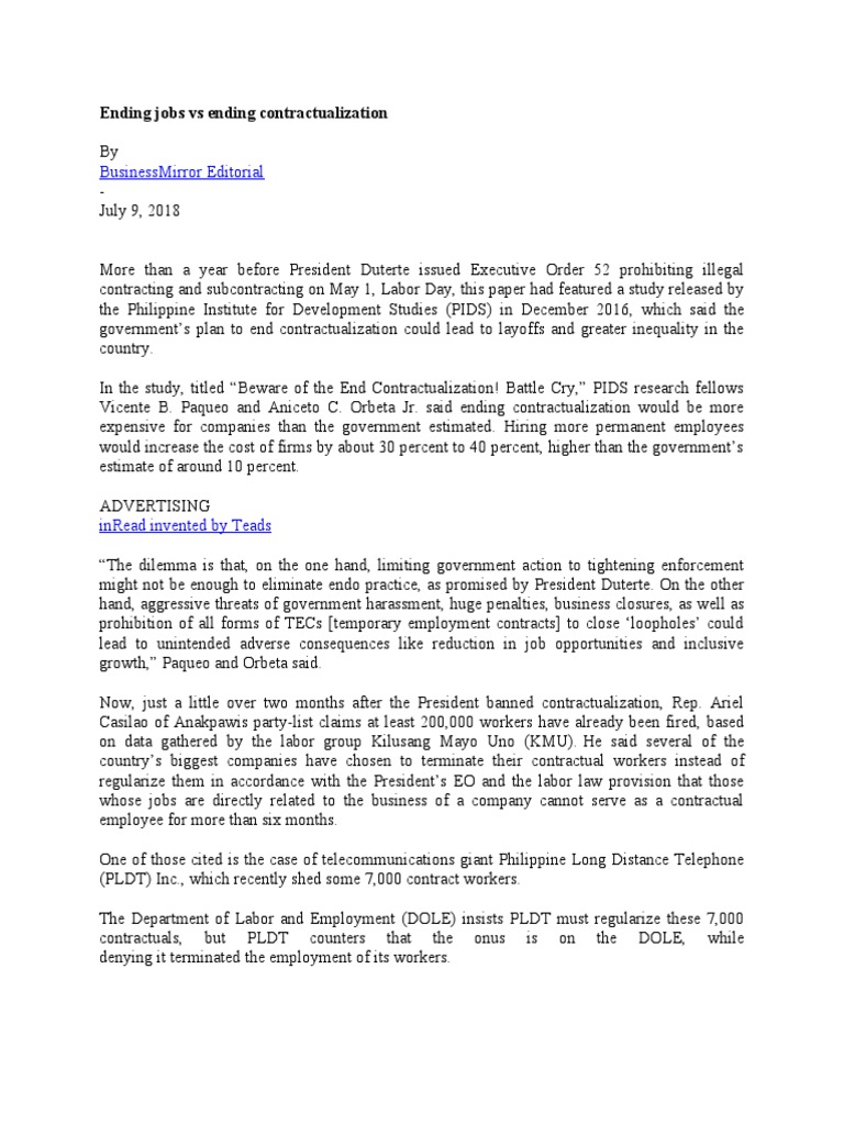 Ending Jobs Vs Ending Contractualization | PDF | Employment | Labour Law