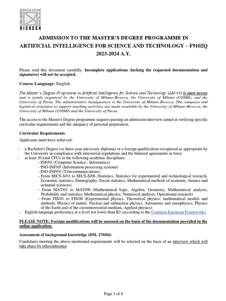 Admission To The Master'S Degree Programme in Artificial Intelligence ...
