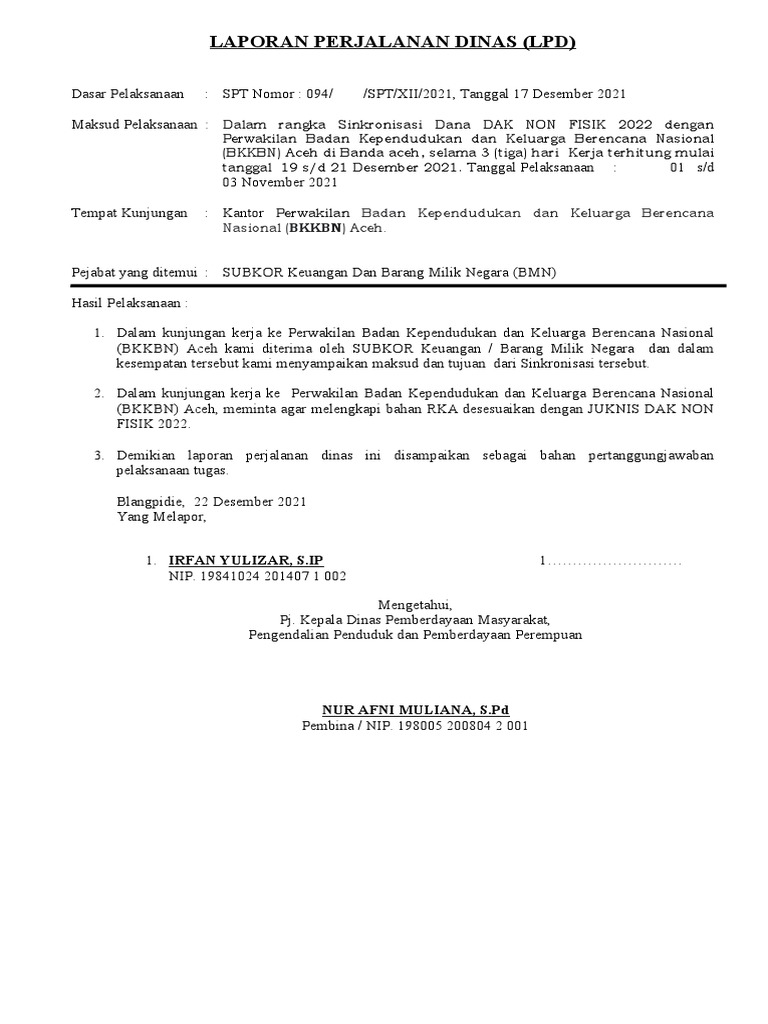 Contoh LAPORAN PERJALANAN DINAS | PDF