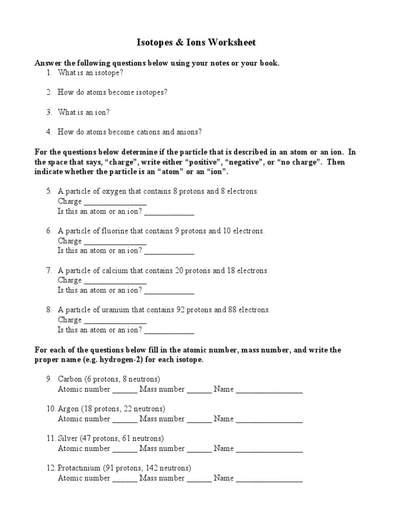 Isotopes & Ions Worksheet | PDF | Ion | Atoms