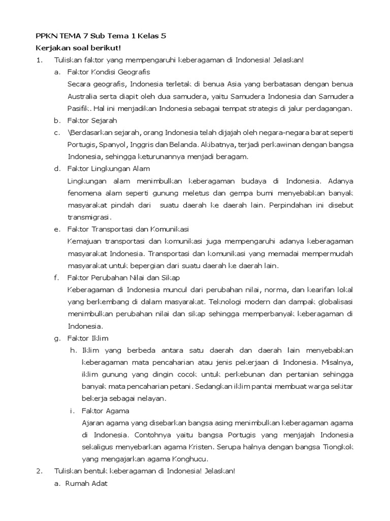 Jawaban PPKN Tema 7 Subtema 1 Kelas 5 | PDF