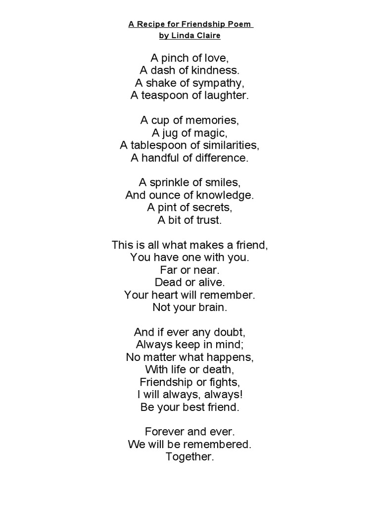 A Recipe For Friendship Poem by Linda Claire | PDF