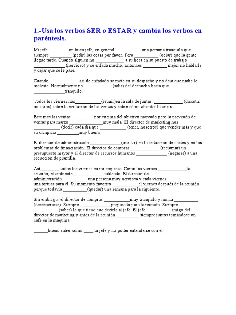 Ejercicios de verbos SER y ESTAR en español | PDF