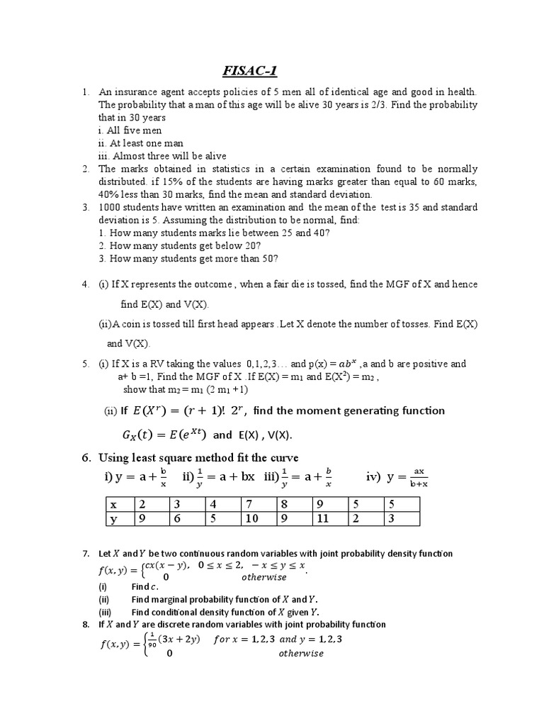 FISAC-1: Insurance, Normal Distribution, MGF, Joint PDF Problems | PDF | Probability Density ...