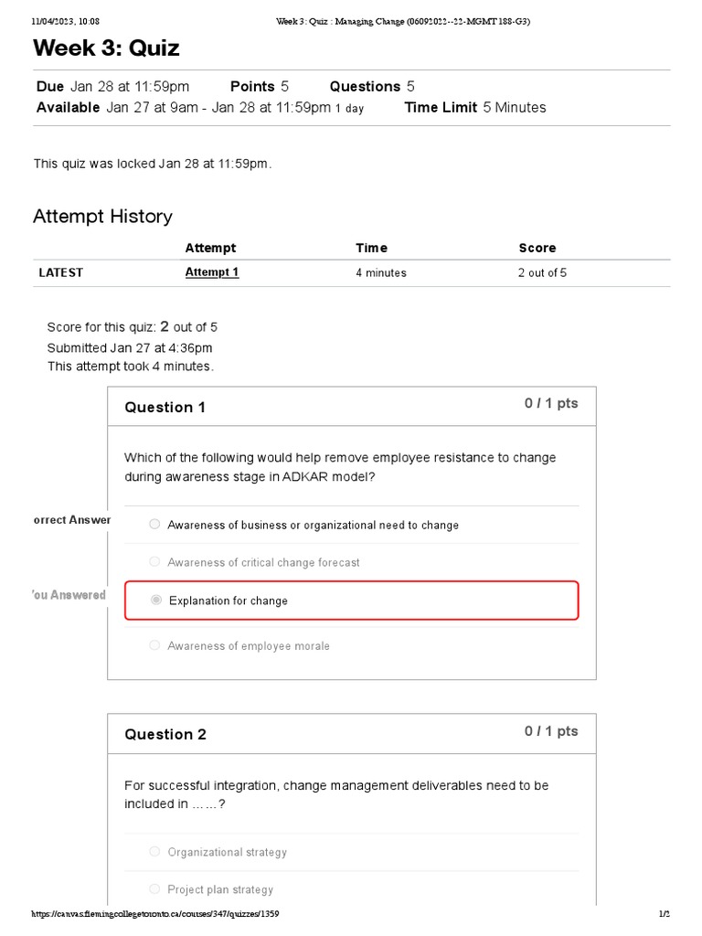 Week 3 Change Management Quiz | PDF | Change Management | Business