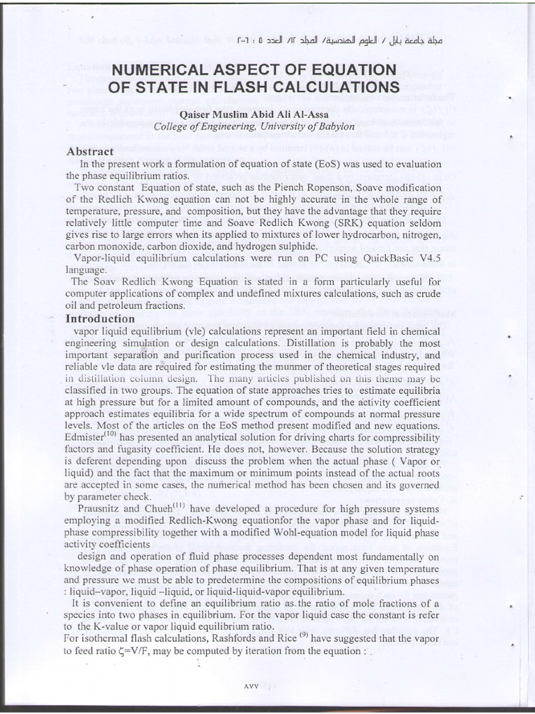 Numerical Aspect of Equation of State in Flash Calculations | PDF ...