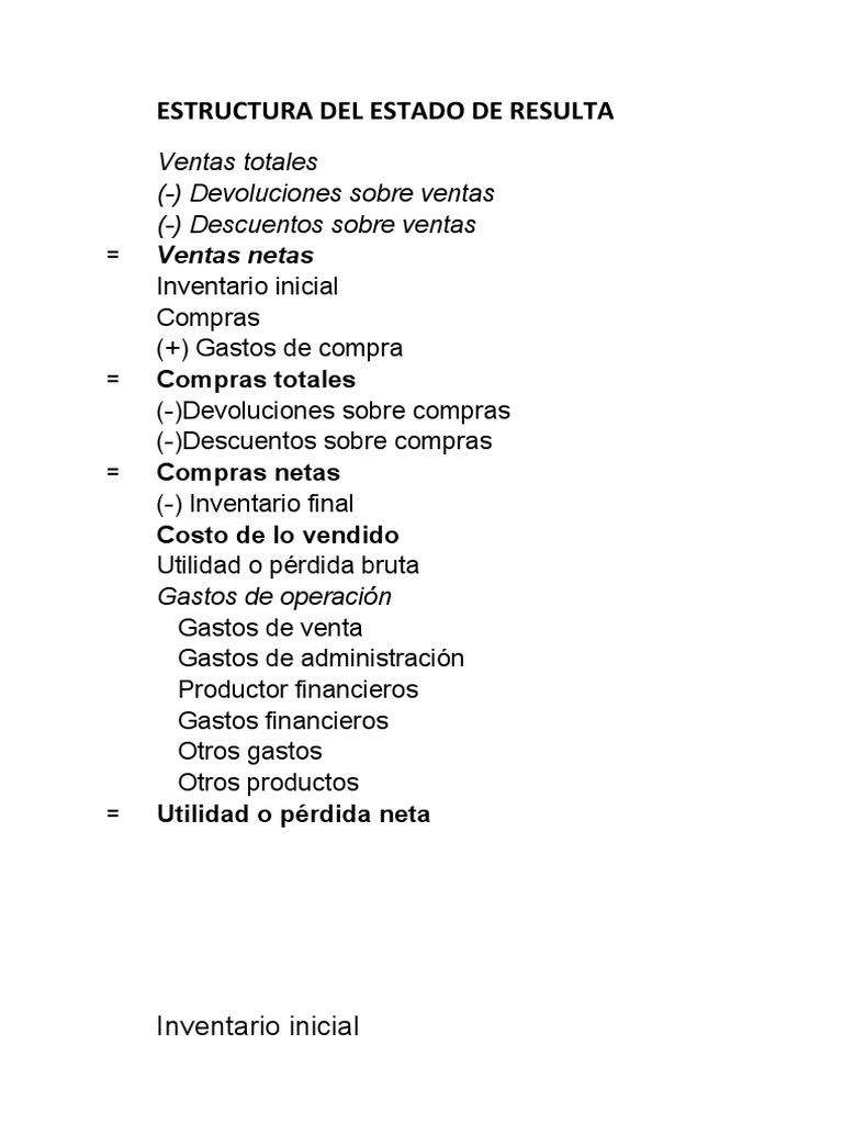 Estructura Del Estado de Resultados: Ventas Totales (-) Devoluciones Sobre Ventas (-) Descuentos ...