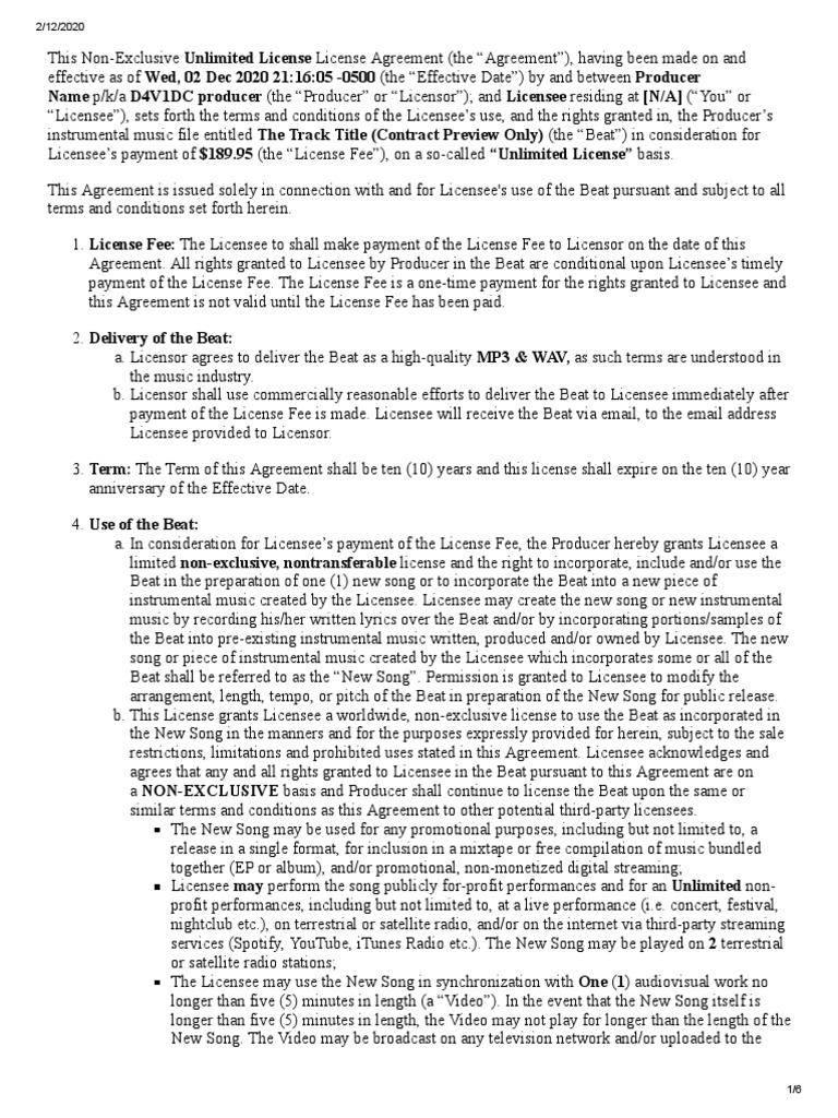 Non-Exclusive Beat License Agreement | PDF | License | Breach Of Contract
