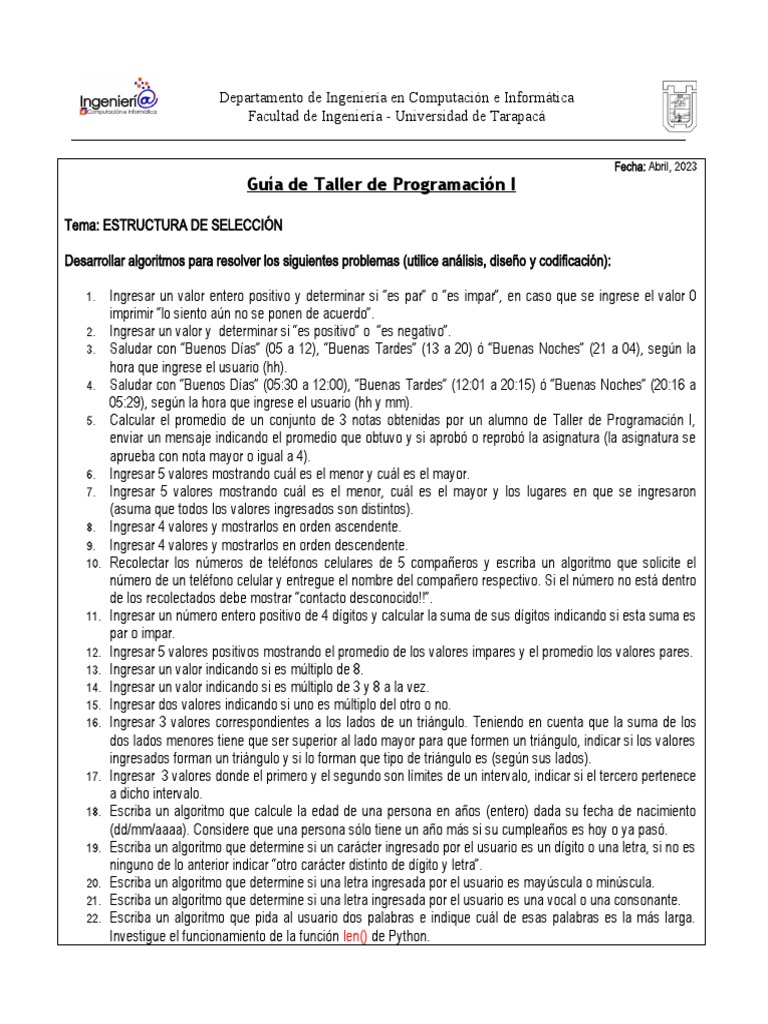 Guía de Taller de Programación I: Fecha: Abril, 2023 | PDF | Algoritmos | Triángulo