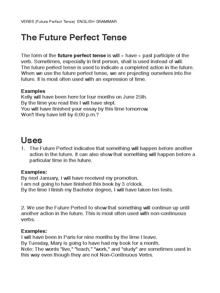 The Future Perfect Tense | Download Free PDF | Perfect (Grammar) | Grammatical Tense