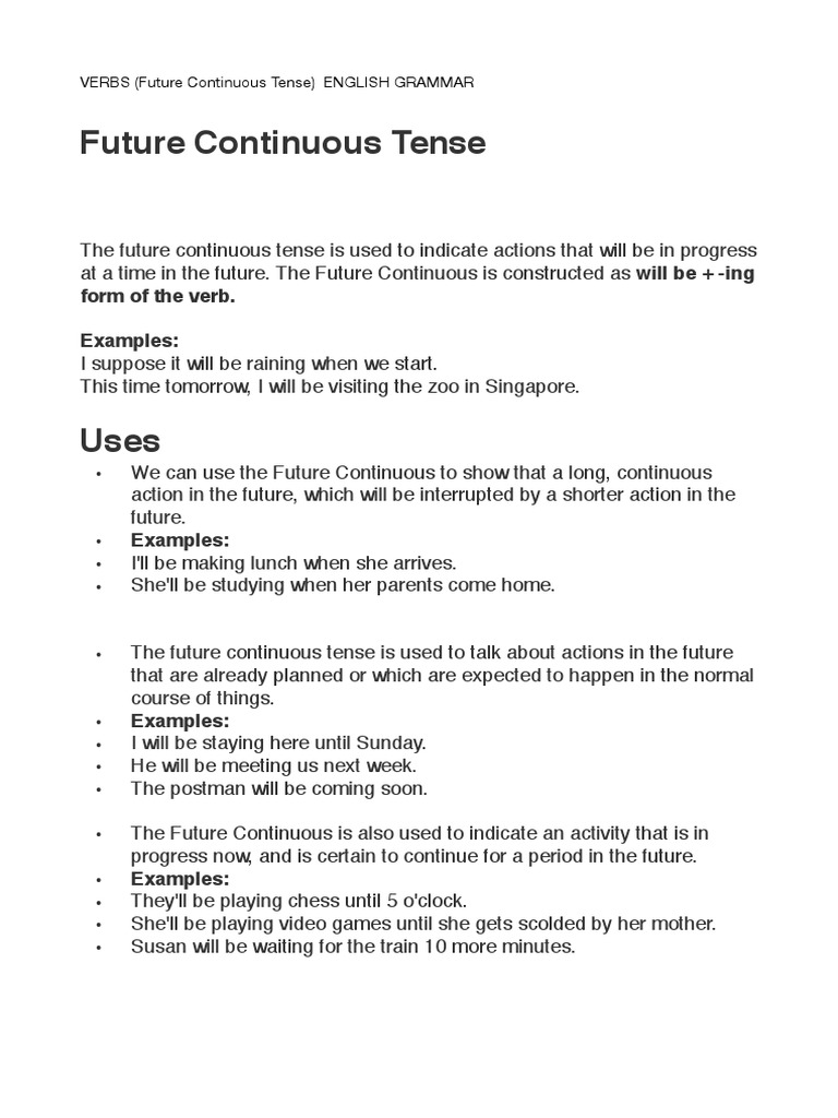 Future Continuous Tense Pdf Grammatical Tense Linguistics