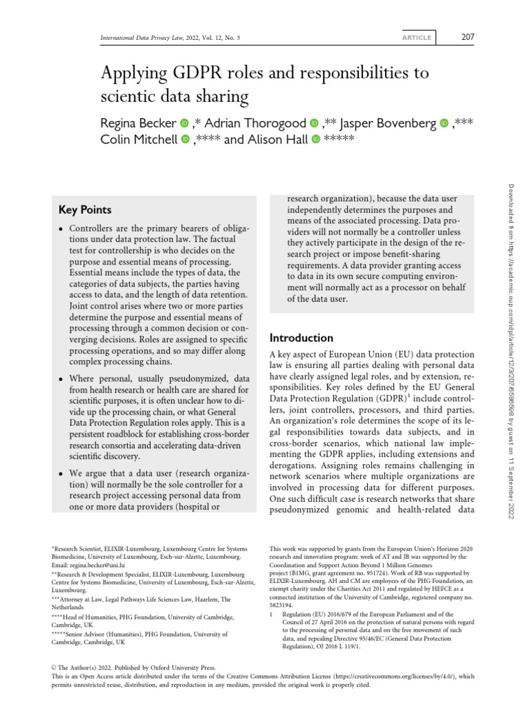 Applying GDPR Roles and Responsibilities To Scientic Data Sharing | PDF ...