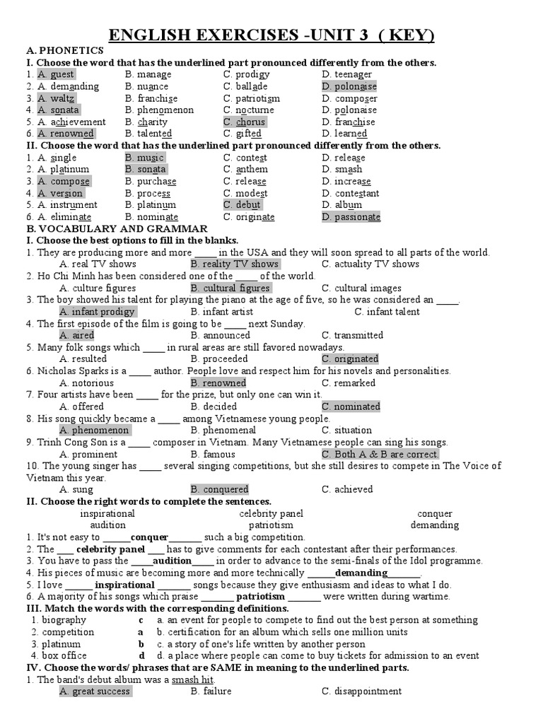 English Exercises - Unit 3 (Key) | PDF