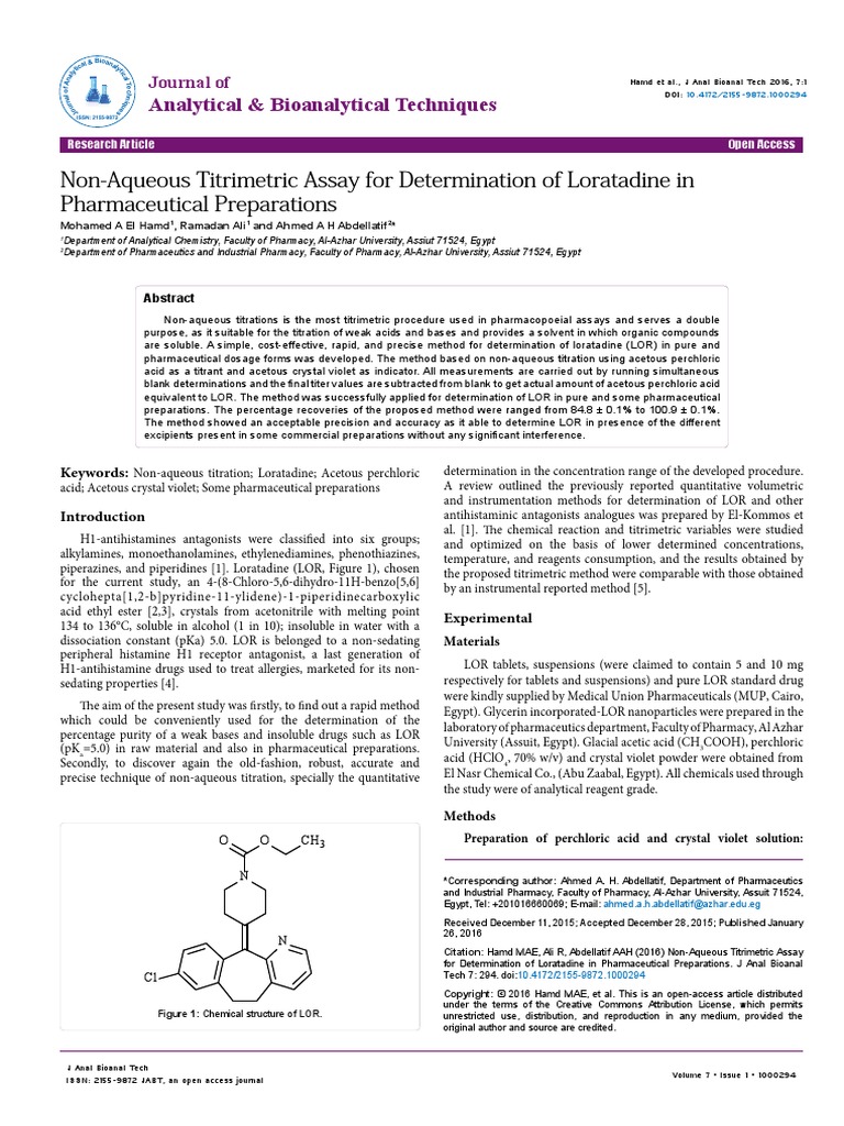 Nonaqueous Titrimetric Assay For Determination of Loratadine Inpharmaceutical Preparations | PDF ...