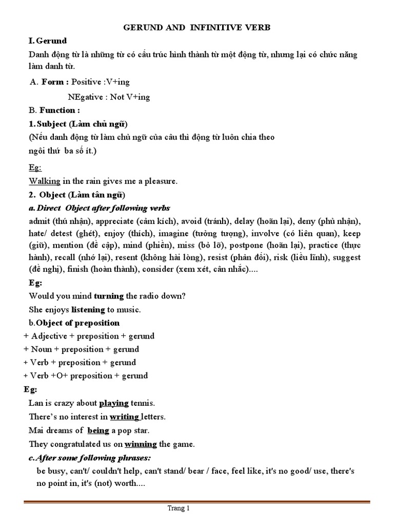 Gerund and Infinitive Verb I.Gerund: A.direct Object After Following ...