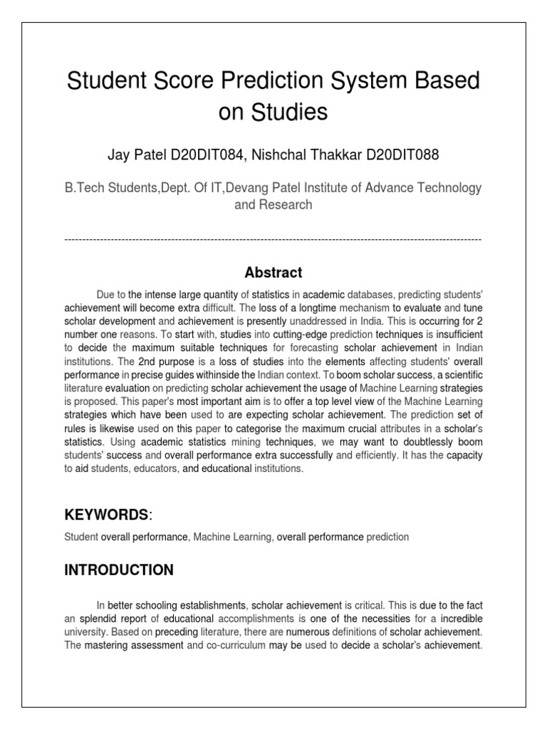 Student Score Prediction System Based On Studies: Jay Patel D20DIT084, Nishchal Thakkar ...