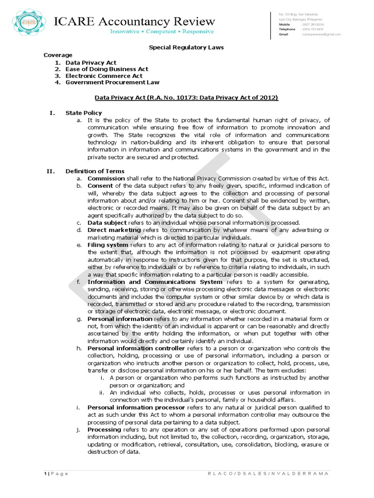 Data Privacy Act Overview & Terms | PDF | Privacy | Information