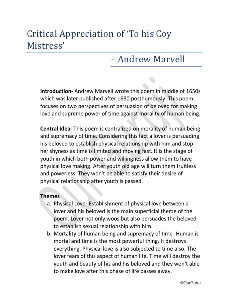 Critical Appreciation of To His Coy Mistress' - Andrew Marvell | PDF ...
