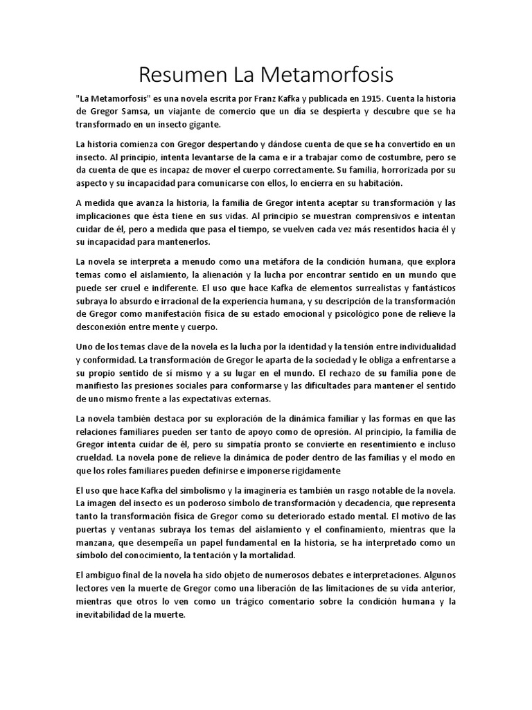 Resumen La Metamorfosis | PDF | La metamorfosis | Franz Kafka Resumen La Metamorfosis | PDF | La metamorfosis | Franz Kafka