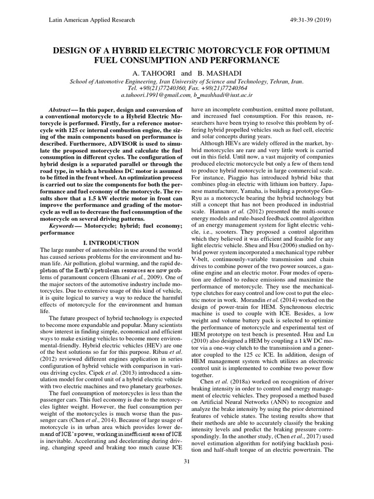 Design of A Hybrid Electric Motorcycle For Optimum | PDF | Mathematical ...