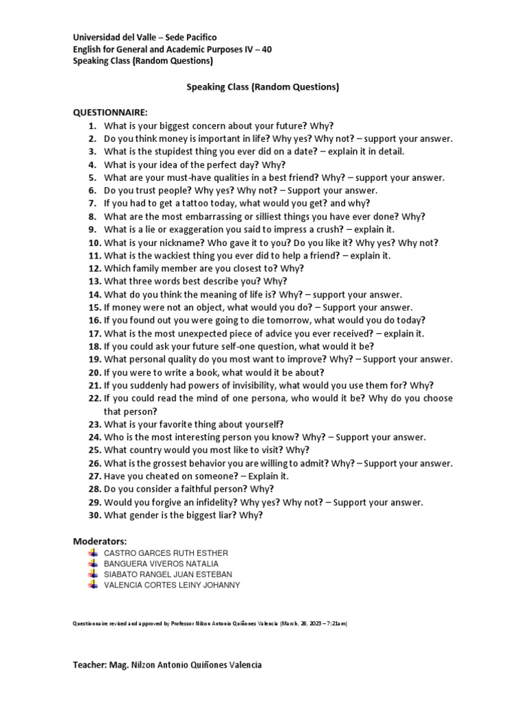 Speaking Class (Random Questions) - Questionnaire | PDF