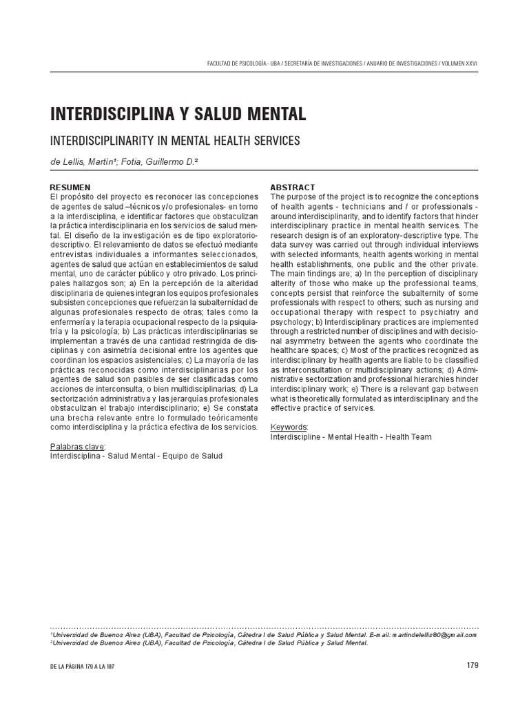 Interdisciplina Y Salud Mental: Interdisciplinarity in Mental Health ...