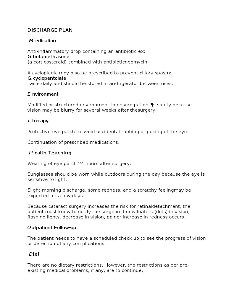Discharge Plan for Post-Operative Cataract Surgery Care Focusing on ...