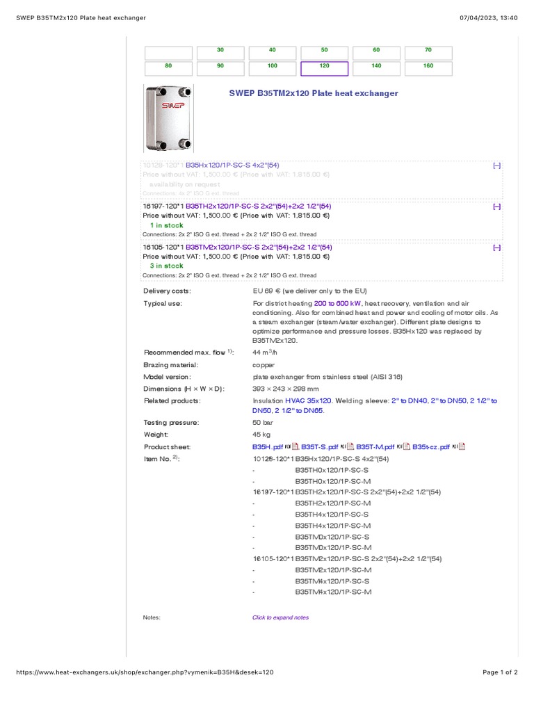SWEP B35TM2x120 Plate Heat Exchanger | PDF | Heat Exchanger | Engineering Thermodynamics
