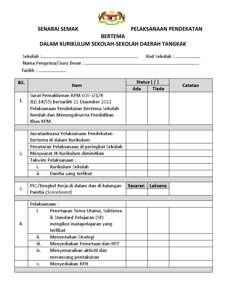 Senarai Semak Pelaksanaan Pendekatan Bertema | PDF