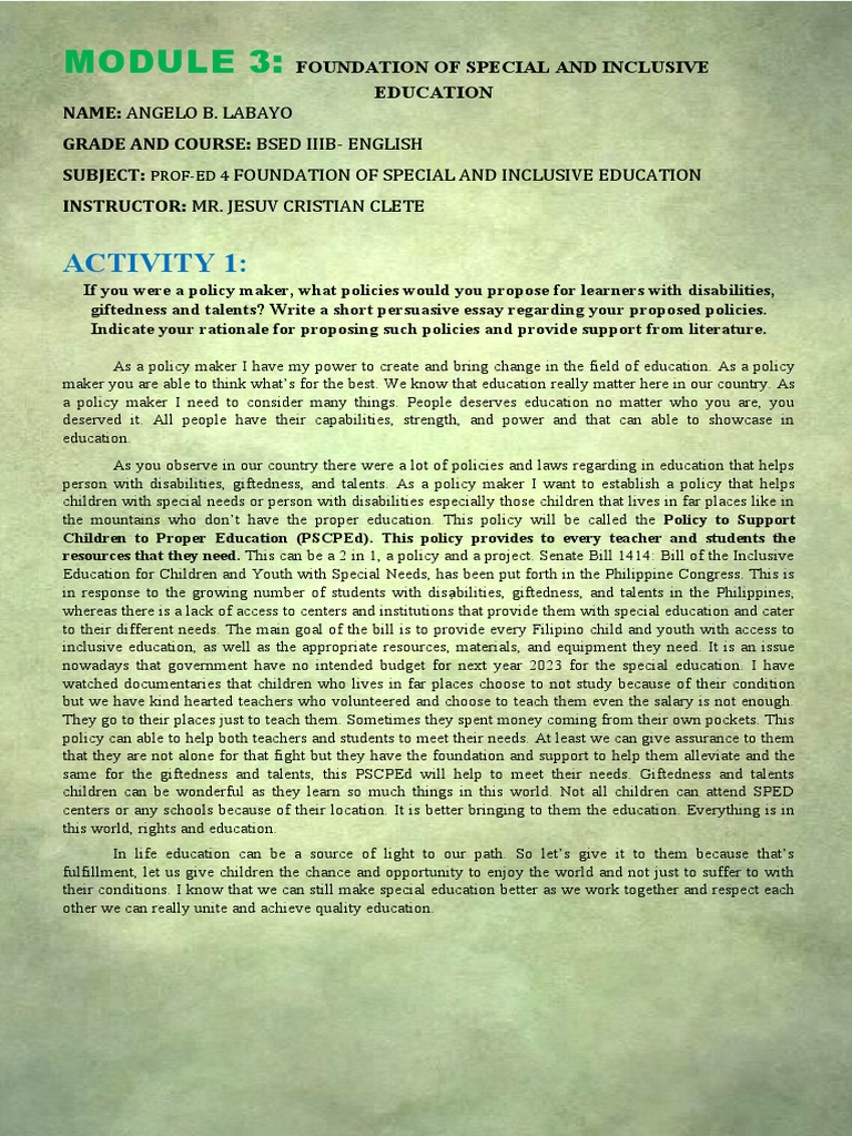 Module 3 Activity 1 Profed | PDF | Special Education | Behavior ...