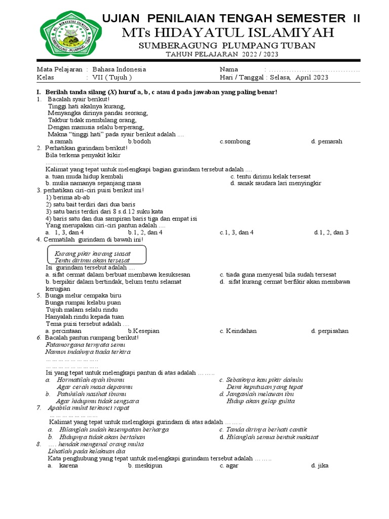 SOAL UTS B.INDONESIA Kelas VII | PDF | Fiksi Umum