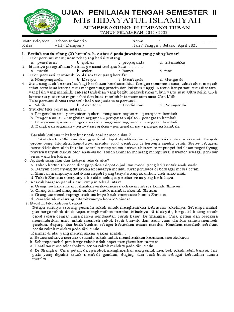 SOAL UTS B. INDONESIA Kelas VIII | PDF