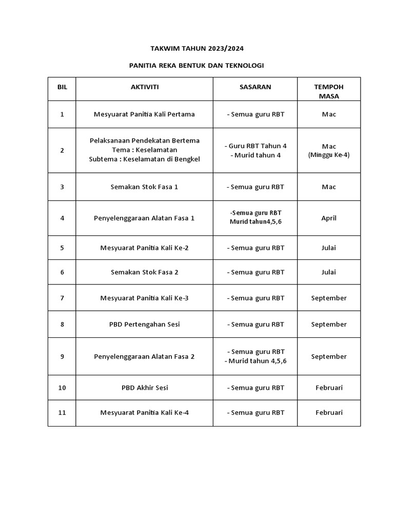 Takwim RBT 2023 | PDF