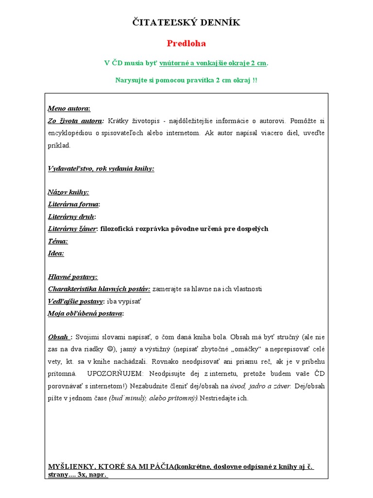 ČITATEĽSKÝ DENNÍK (VZOR Malý Princ | PDF