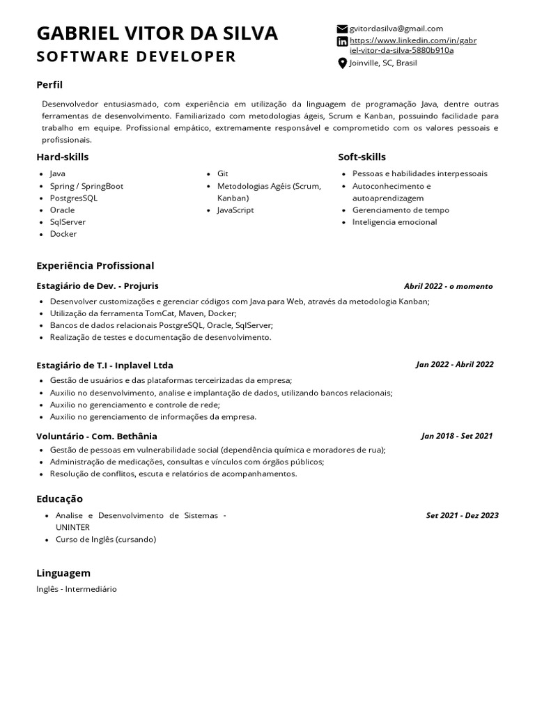 Curriculo Gabriel Vitor Da Silva | PDF | Desenvolvimento ágil de software | Java (linguagem de ...