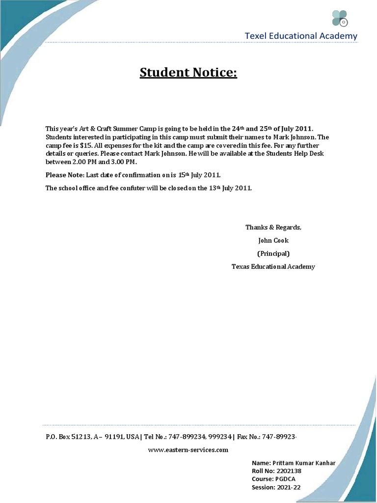 Student Notice:: Texel Educational Academy | PDF