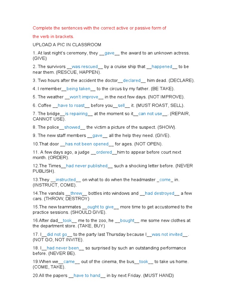 Complete The Sentences With The Correct Active or Passive Form of The ...