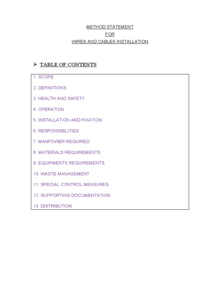Table OF: Method Statement FOR Wires AND Cables Installation | PDF ...