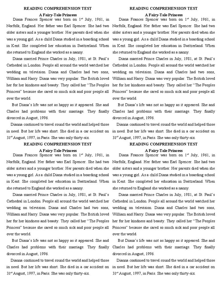 Reading Comprehension Test A Fairy-Tale Princess Reading Comprehension ...