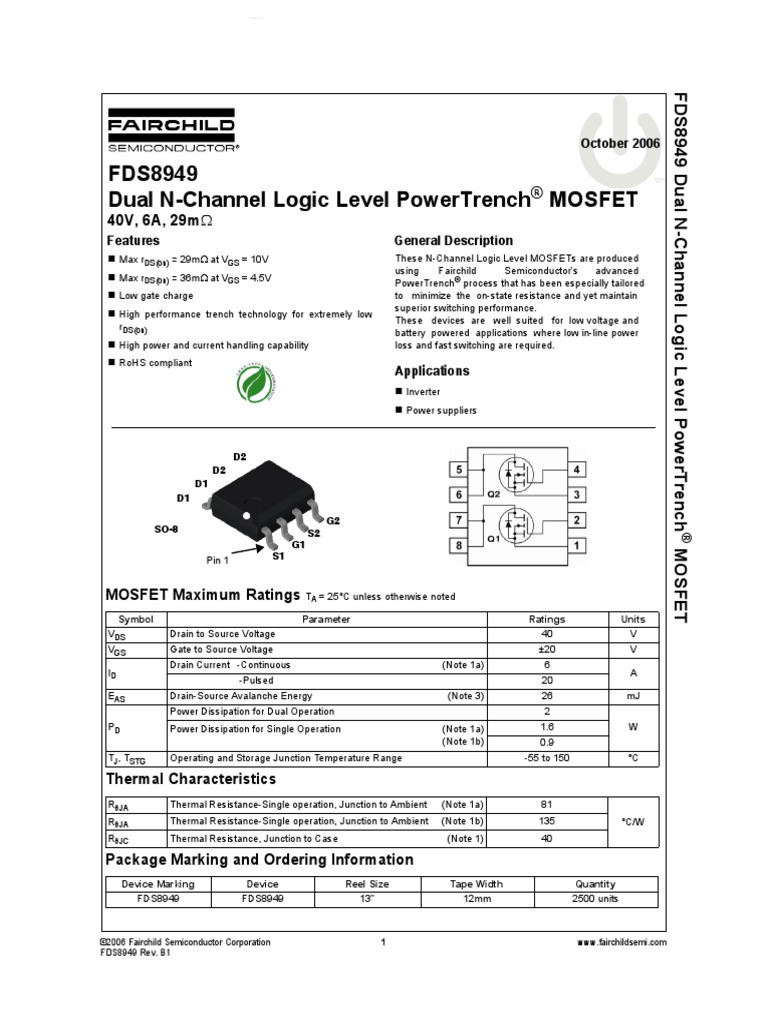 Fds8949 Dual N-Channel Logic Level Powertrench Mosfet: October 2006 | PDF | Field Effect ...